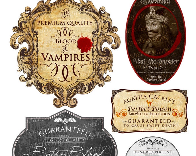 5 HALLOWEEN Bottle or Gag Wine Labels PRINTABLE Dracula Vampire Bats ...