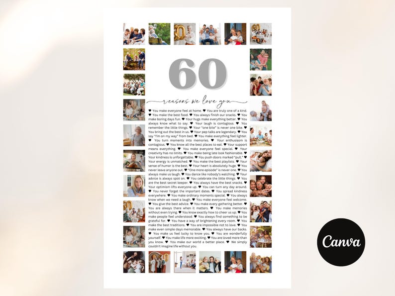 60 Reasons We Love You Photo Collage Template | 60th Birthday Gift ...