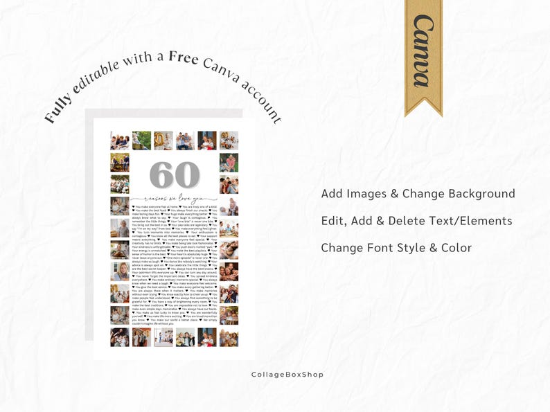 60 Reasons We Love You Photo Collage Template | 60th Birthday Gift ...