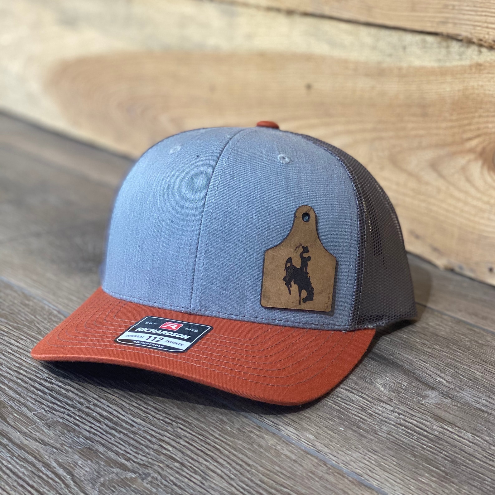 Wyoming Cowboy Leather Cow Tag Patch Orange Snapback Hat - Etsy