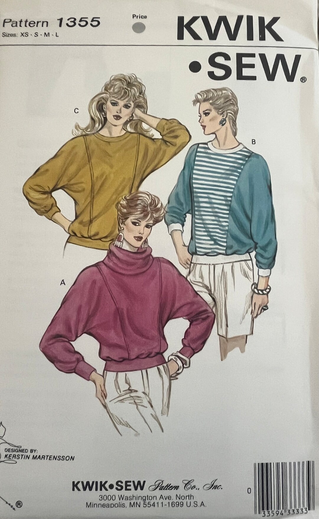 Kwik Sew New Uncut Pattern #1355 Misses Knit Sweatshirt Size XS S M L ...