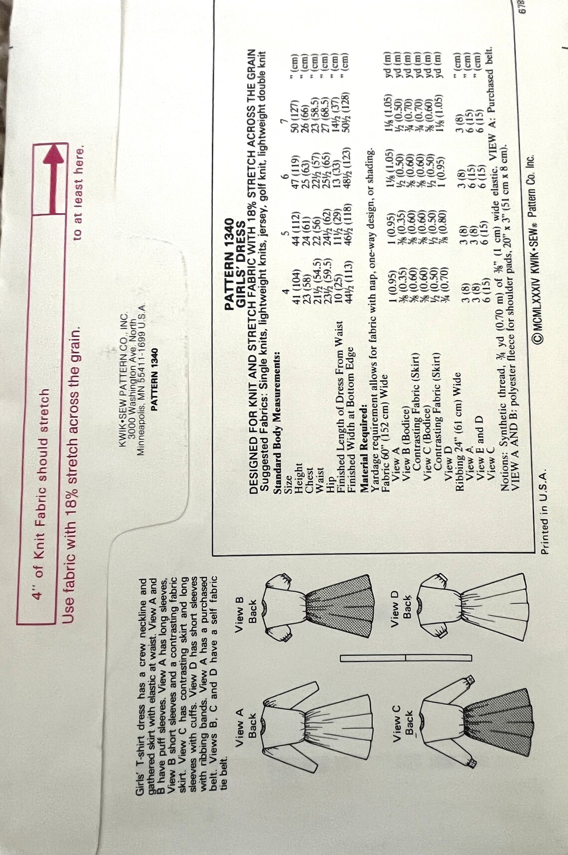 Kwik Sew New Uncut Pattern #1340 Girls Knit Dress Size 4 5 6 7 - Etsy