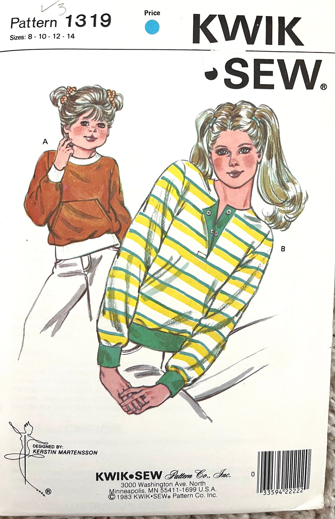 Kwik Sew New Uncut Pattern #1319 Girls Pullover Sweatshirt Size 8 10 12 ...