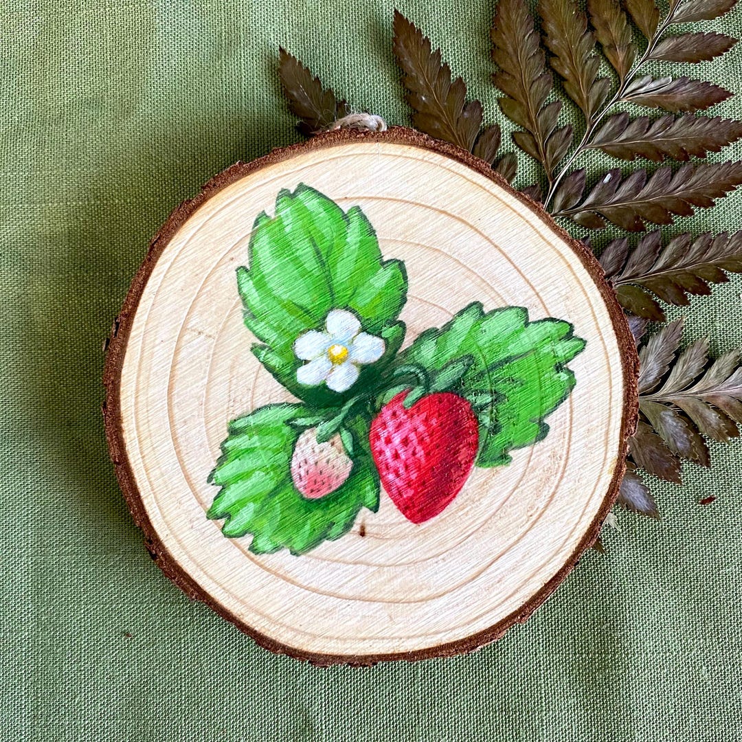 Strawberry Art Wood Slice Ornament - Hand Painted Christmas Gift ...