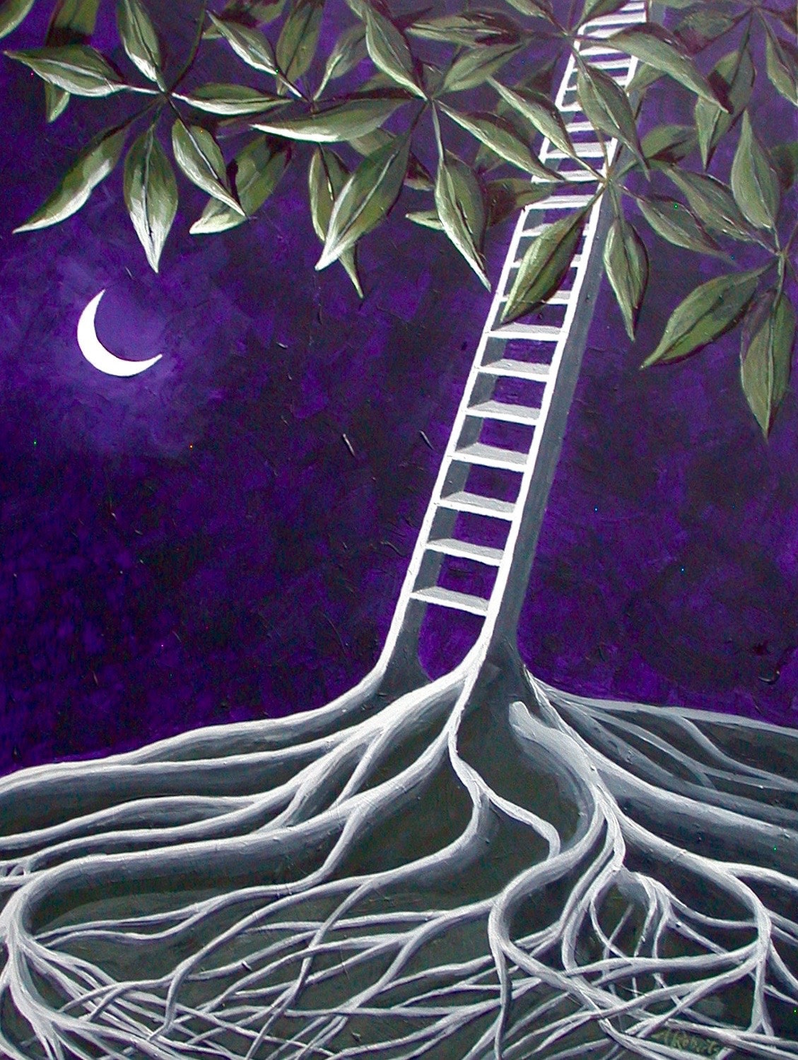 Surreal Landscape Painting, Surreal Night Sky, Ladder, Moon, Ceiba Tree ...