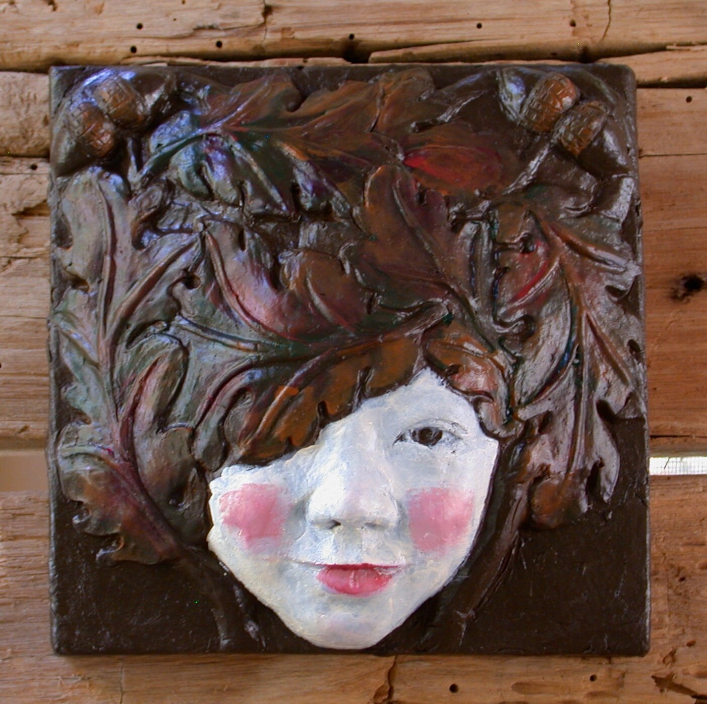 Clay Relief Sculpture, Oak Leaf Face, Garden Art, Wall Decor, Clay ...