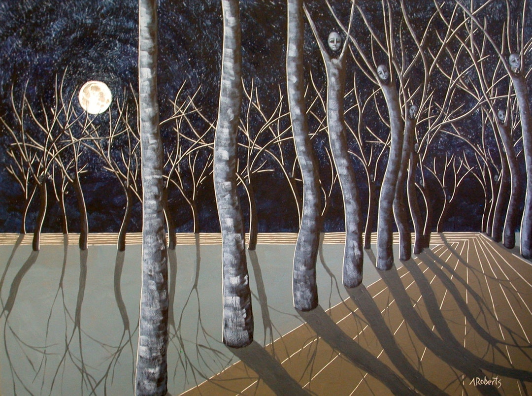 Down the Road Original Navy Blue Art Moon Art Moon - Etsy