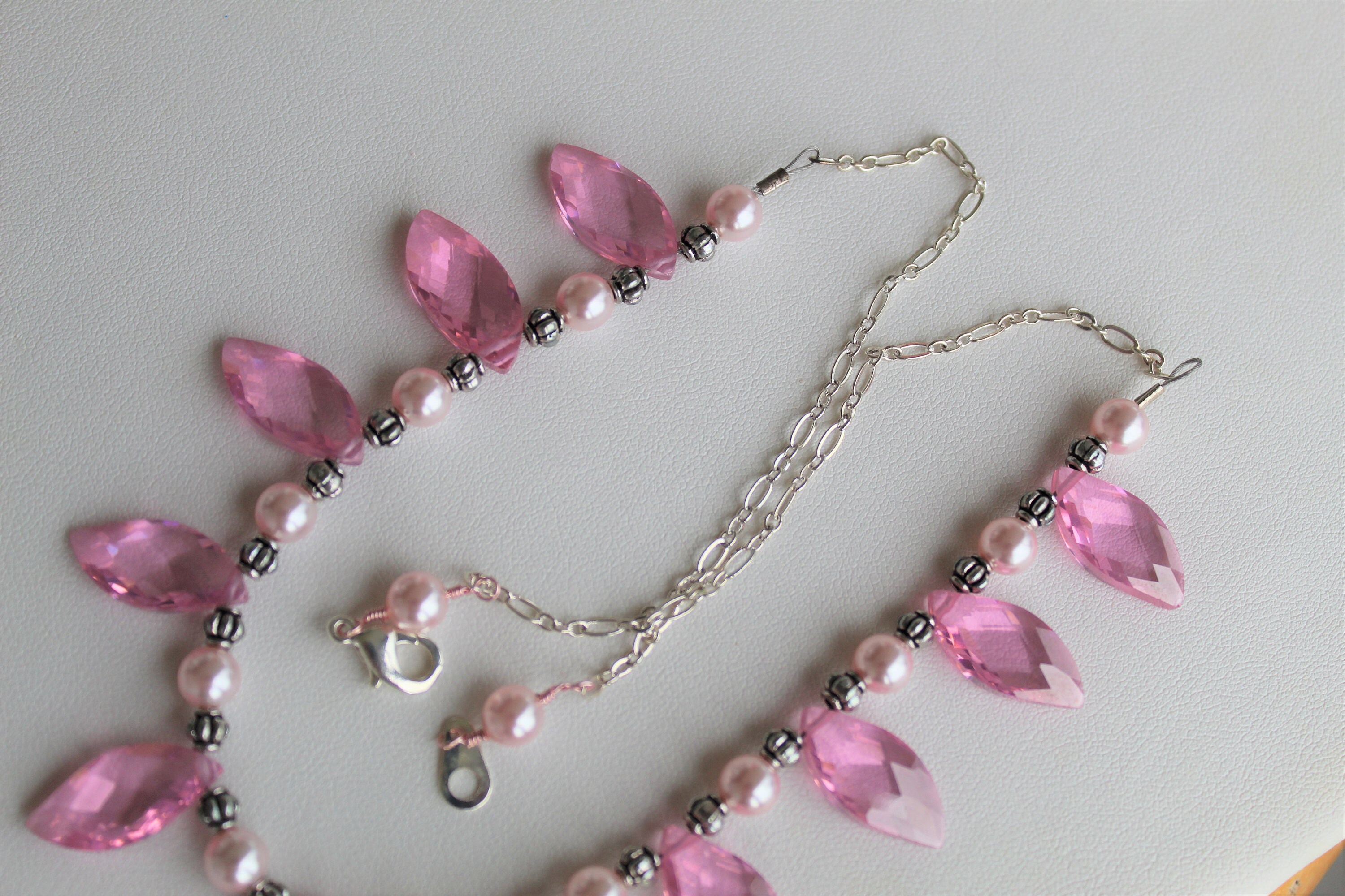 Pear Shaped Pink Crystal Necklace, Pink Faceted Beads, Pearl and ...