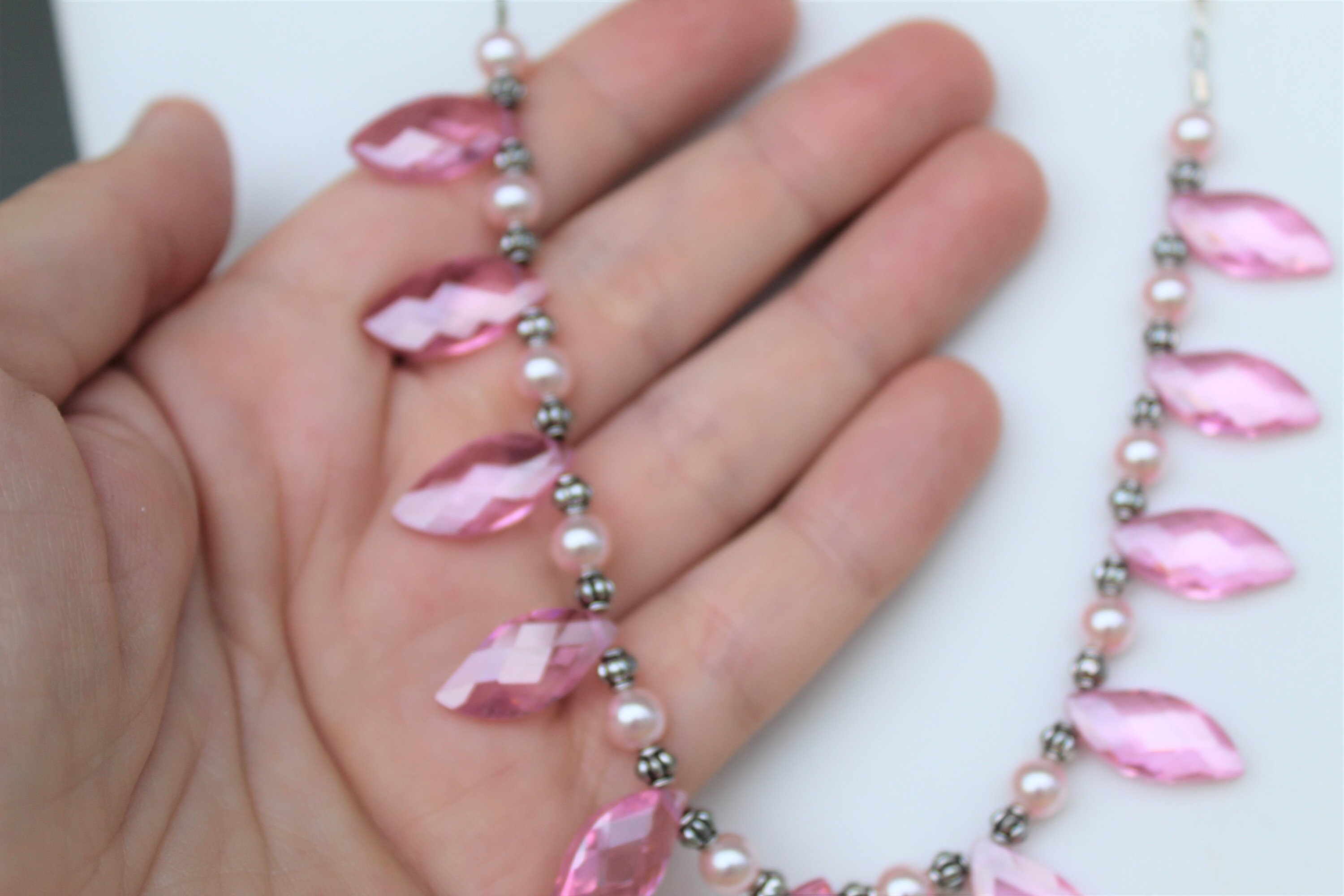 Pear Shaped Pink Crystal Necklace, Pink Faceted Beads, Pearl and ...