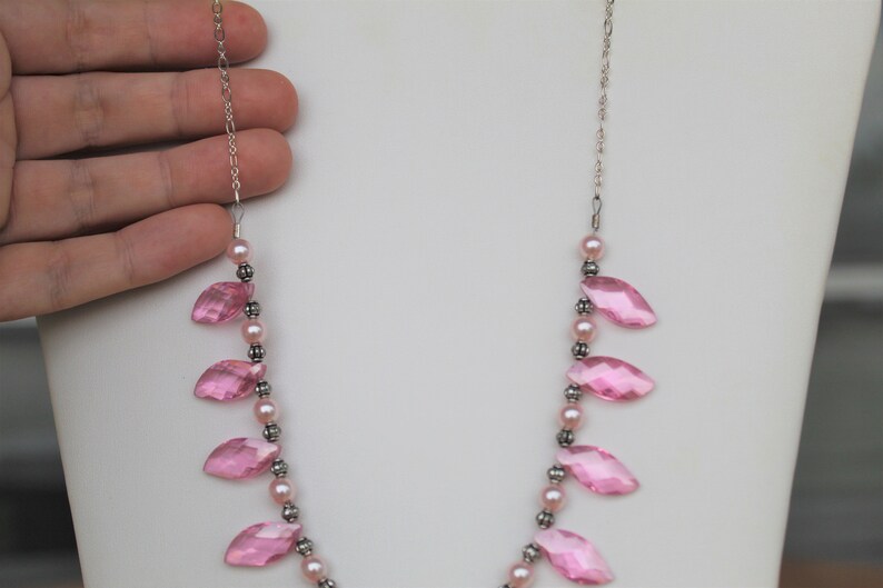 Pear Shaped Pink Crystal Necklace, Pink Faceted Beads, Pearl and ...