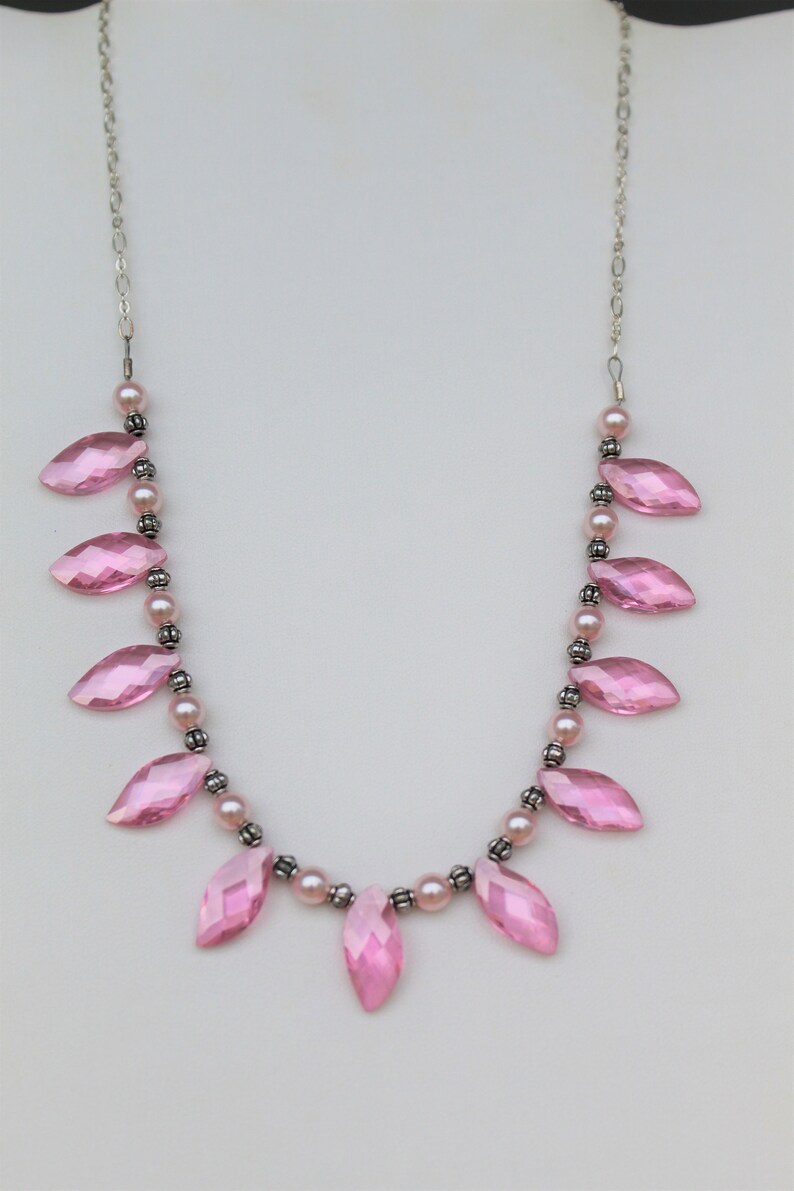 Pear Shaped Pink Crystal Necklace, Pink Faceted Beads, Pearl and ...