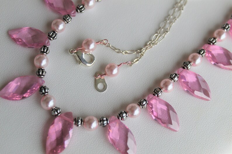 Pear Shaped Pink Crystal Necklace, Pink Faceted Beads, Pearl and ...