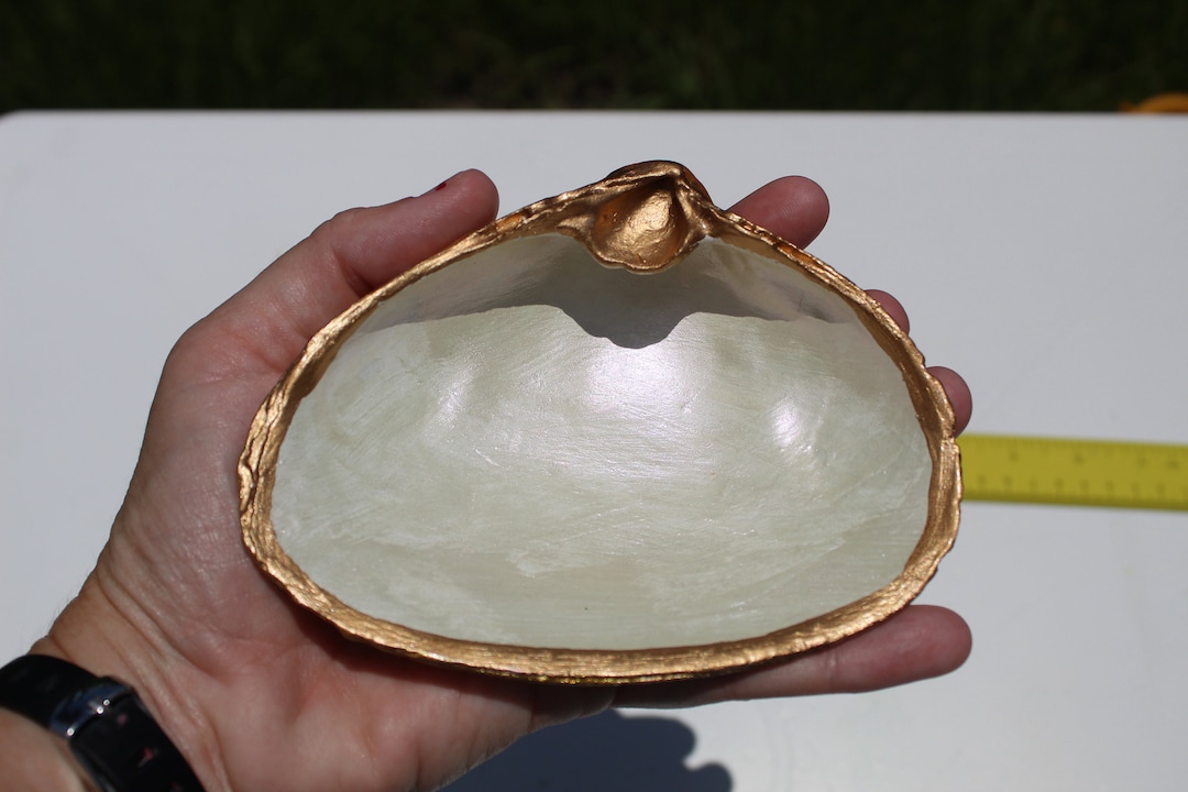 Gold Lined Shell Jewellery Dish, Clam Shell Trinket Dish, Vanity Ring ...