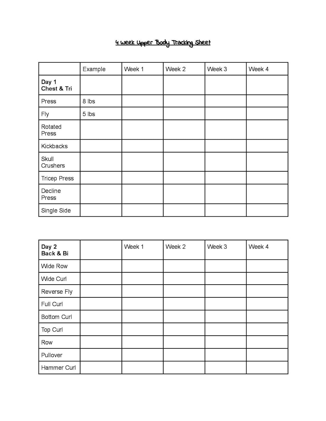 4 Week Upper Body Tracking Sheet - Chart, Exercise, Gym, Workout Sheet ...