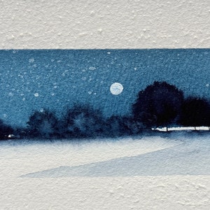 Nighttime Moonlight Winter Watercolor Painting, Mini Landscape Tree Art ...