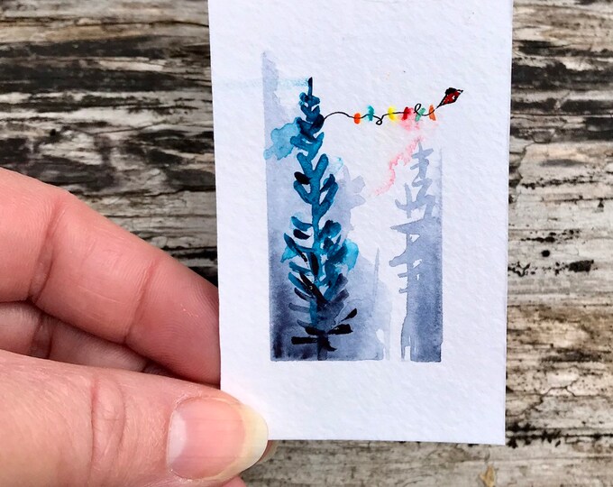 Original Mini Watercolor Tree Painting, Mixed Media Landscape Art on ...