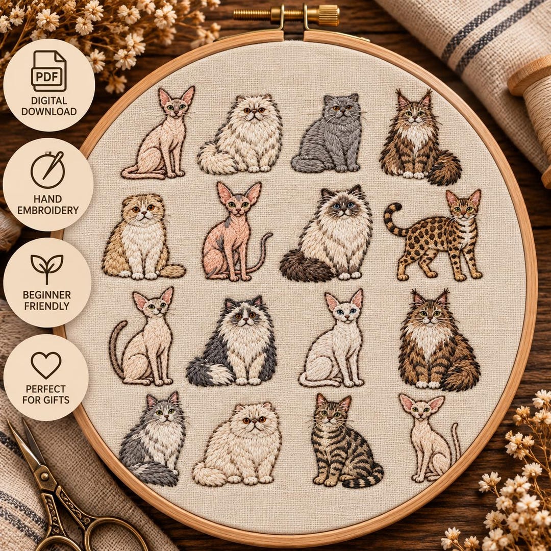 16 Cat Breeds Embroidery Patterns, Cute Cats Hand Embroidery PDF Bundle ...