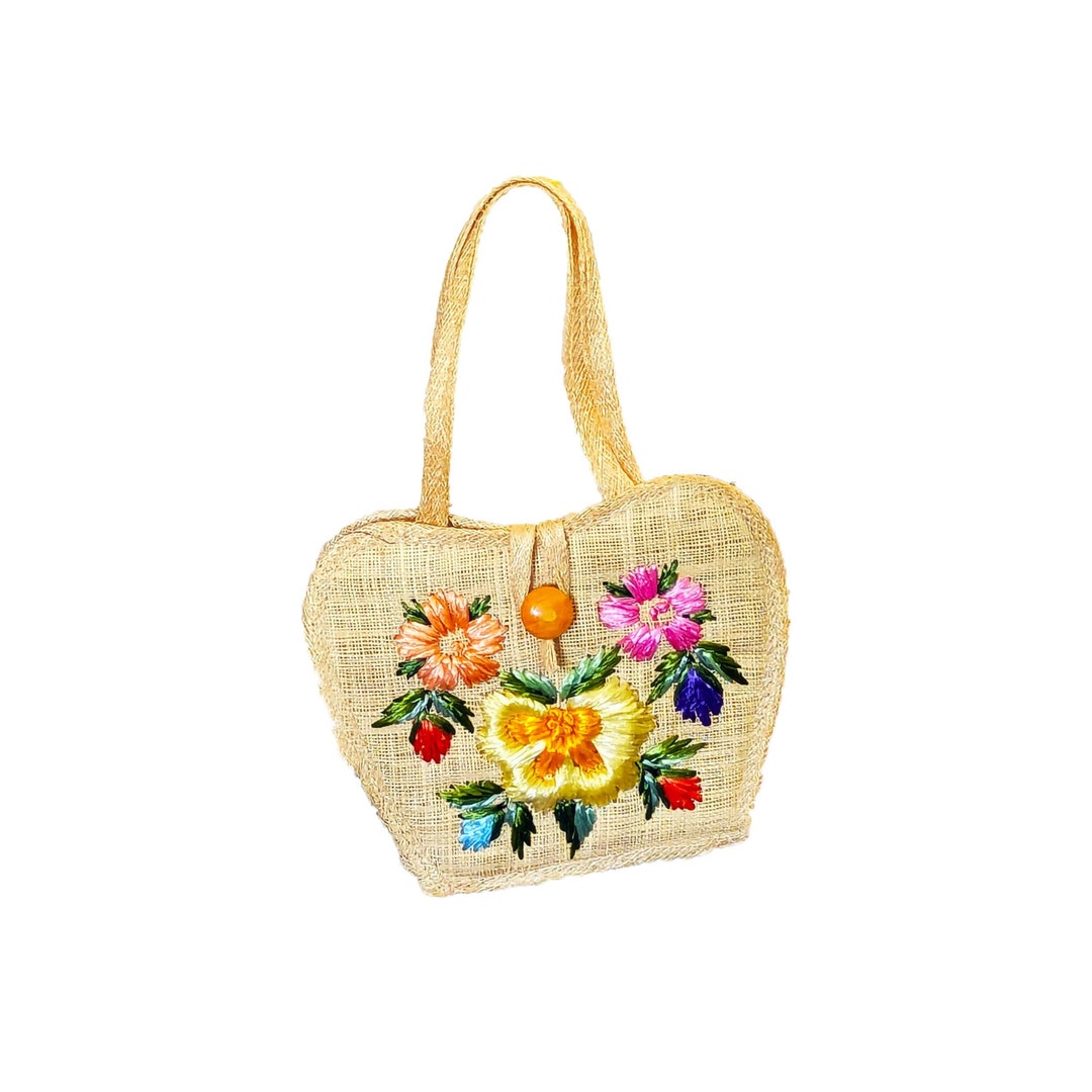 Vintage Whidby Small Straw Bag With Colorful Flowers and Wooden Button ...