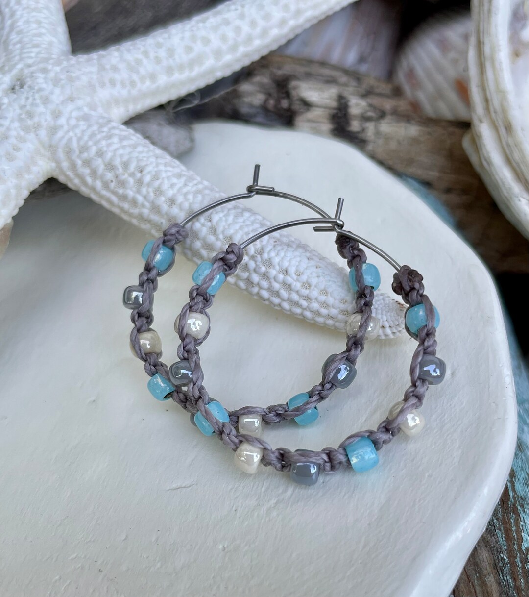 Beachy Seed Bead Macrame Hoop Earrings/hippie/boho/small Hoops/threader ...