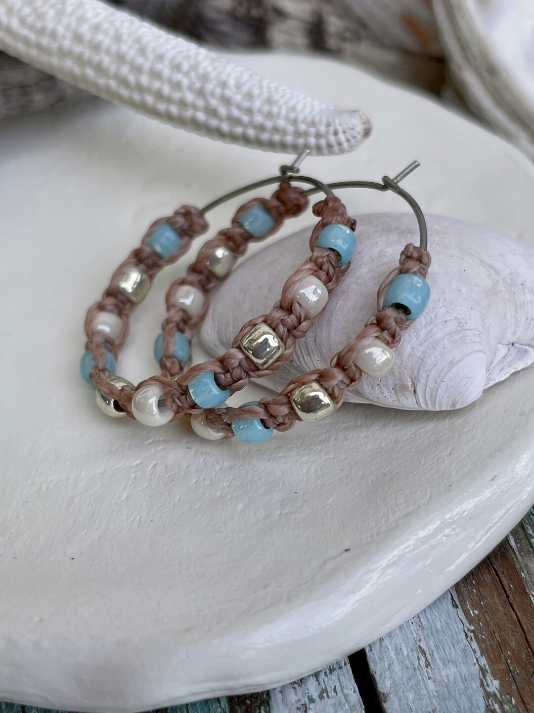 Beachy Seed Bead Macrame Hoop Earrings/hippie/boho/small Hoops/threader ...