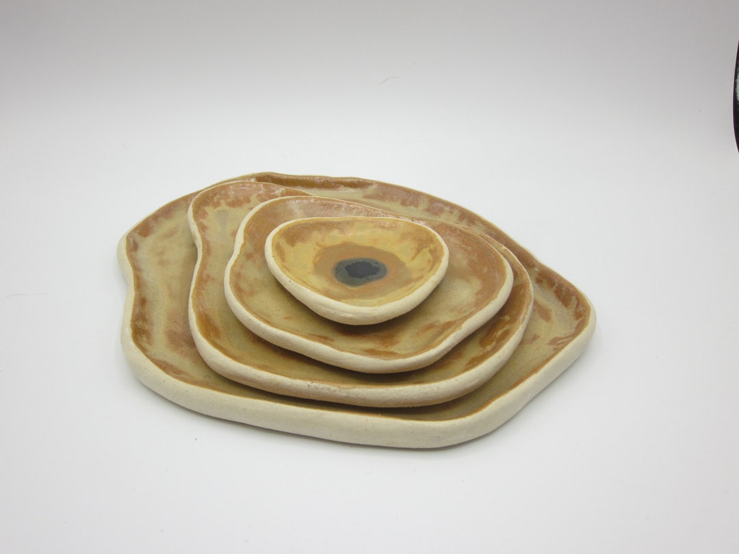 Handmade Ceramic Organic Nesting Plates (set of 6)- Ochre/brown/green ...