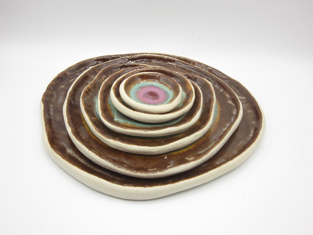 Handmade Ceramic Organic Nesting Plates (set of 6)- Brown/blue/pink/red ...