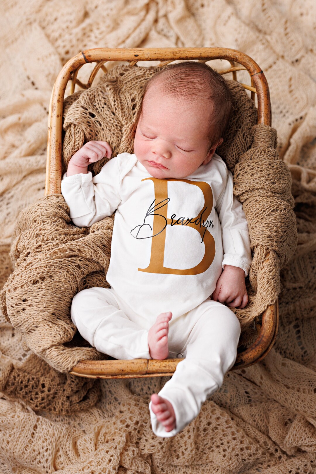 Personalized Newborn Boy Romper: Rust Initial Hat, Cream Cotton Outfit ...