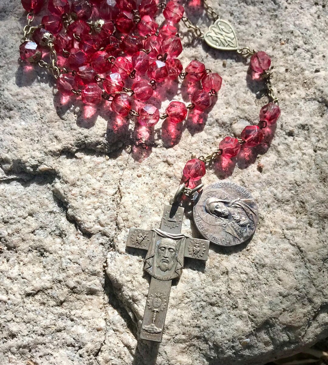 Antique ROSARY, Ruby Cut Glass, Holy Face of Jesus - Etsy