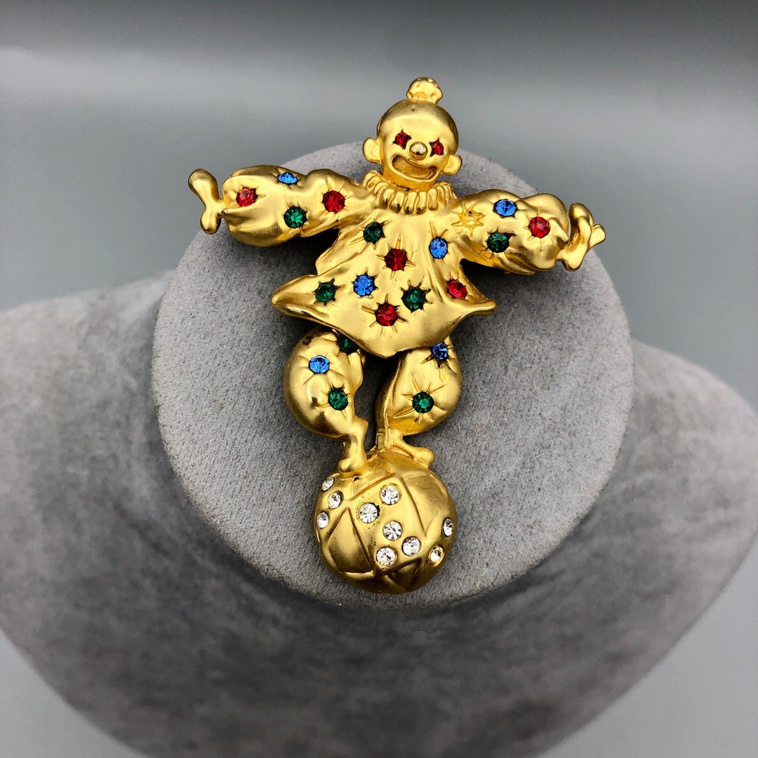 Articulated Clown on a Ball Brooch in Gold Tone With Rhinestones, 2.5 X ...