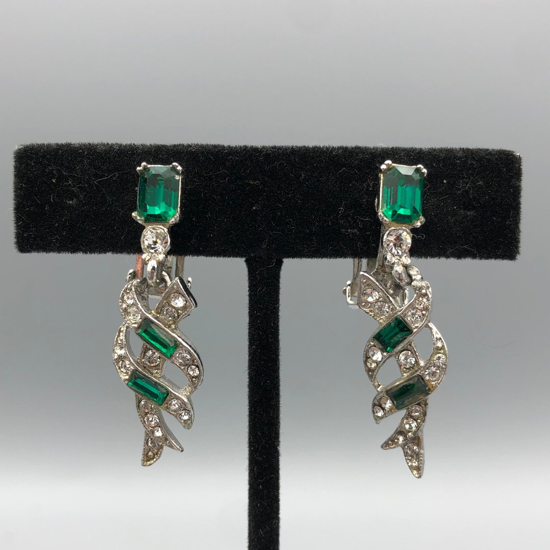 Bogoff Emerald and Clear Rhinestone Dangle Earrings, 1.5 X .5 - Etsy
