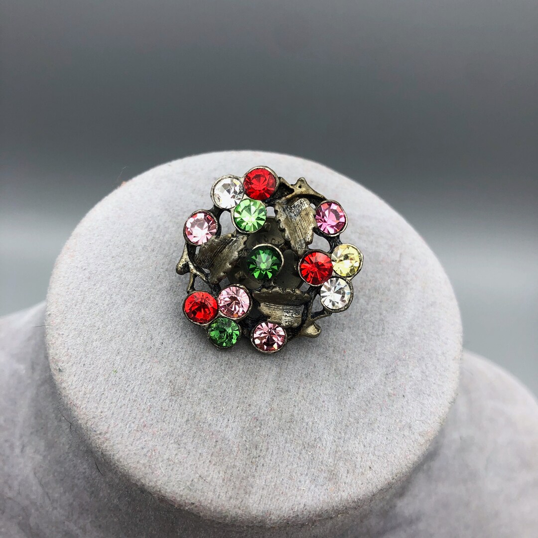 Vintage Pot Metal Pushback Pin With Leaves, Multicolor Rhinestones ...
