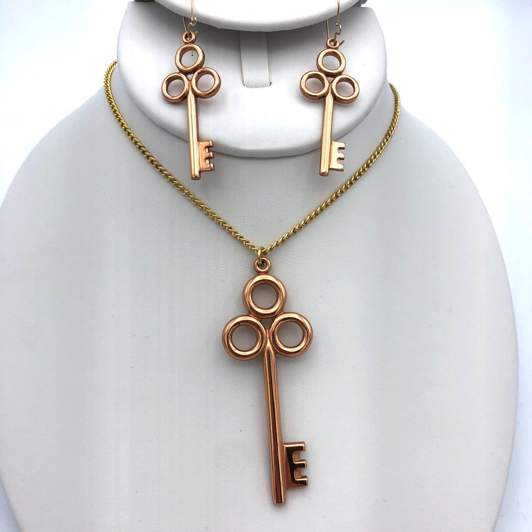 Copper Skeleton Key Pendant Necklace and Earring Set - Etsy
