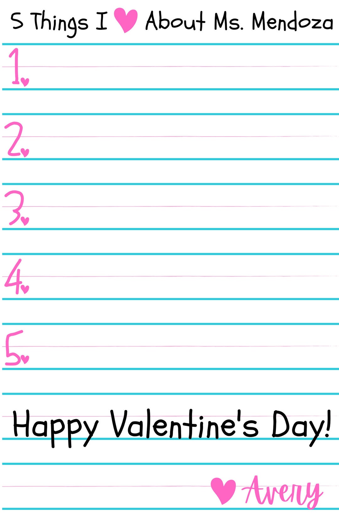 5 Things I Love About My Teacher Valentines - CUSTOMIZABLE - Etsy