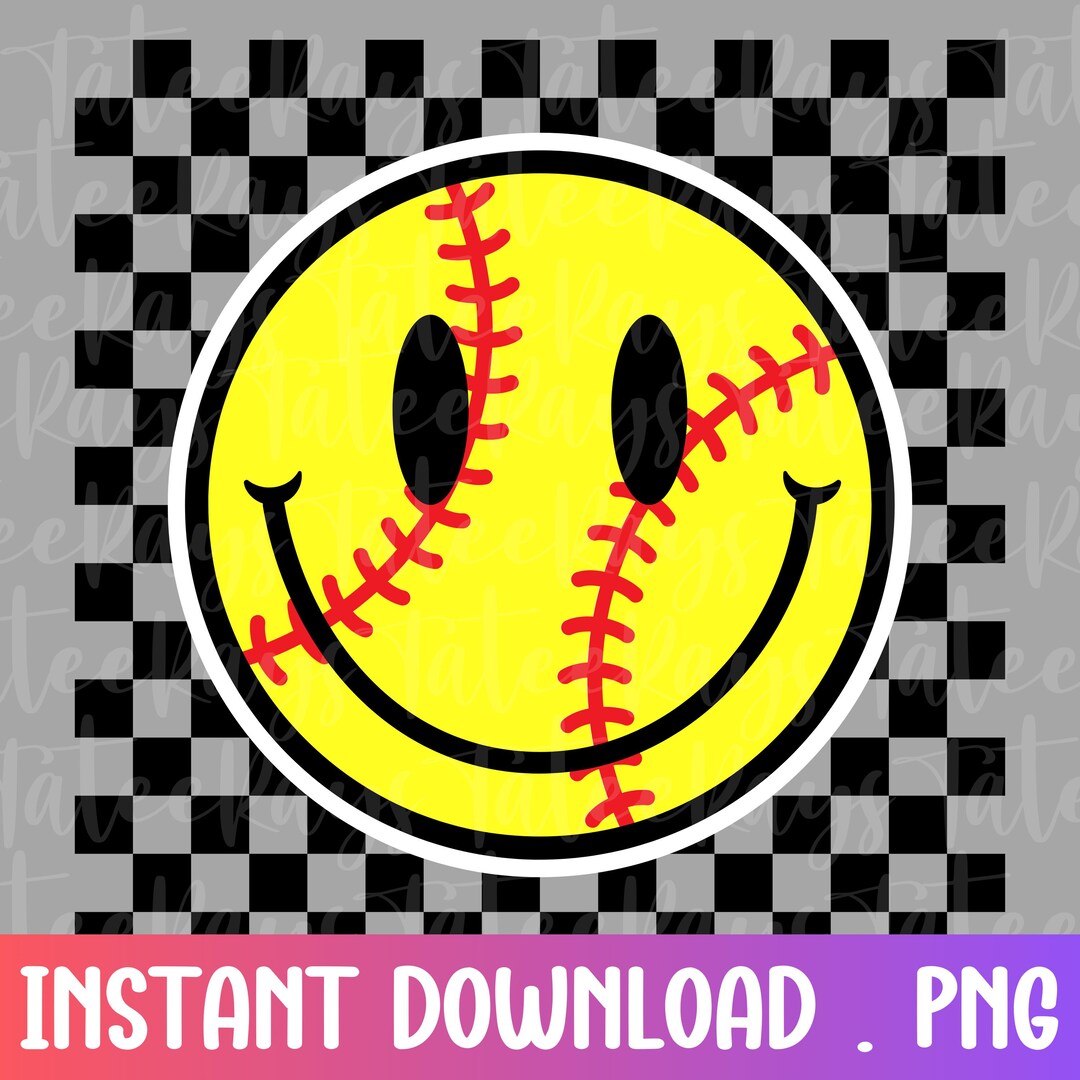 Softball Smiley Checkered Distressed Png - Etsy