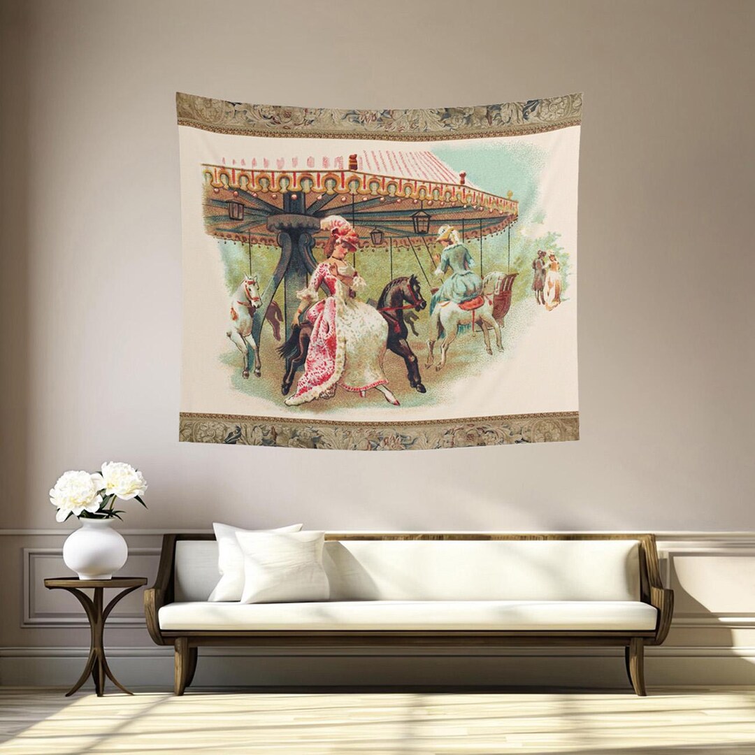 Victorian Carousel Horse Lady Tapestry Backdrop Curtain Tablecloth Bed ...