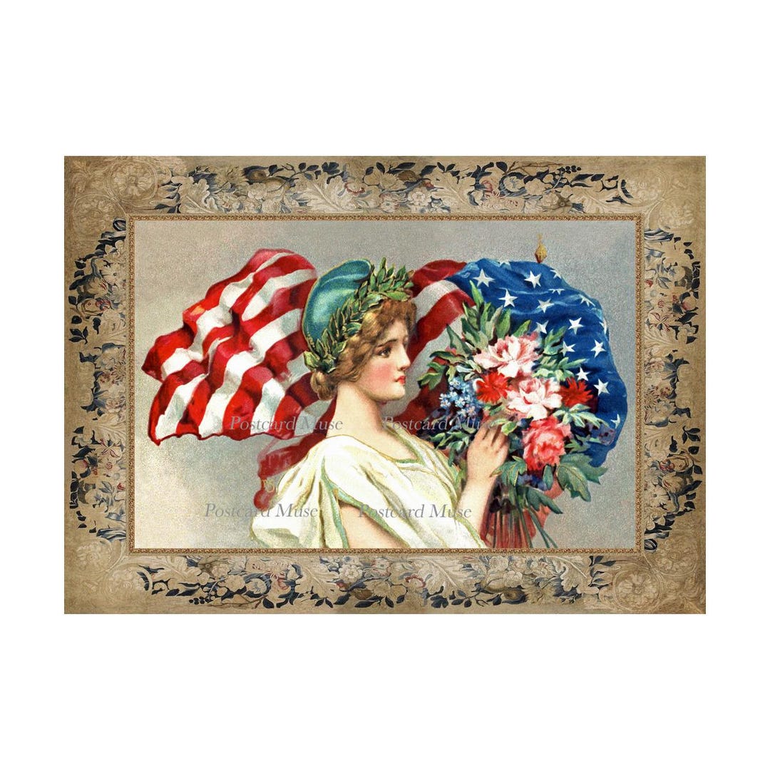 American Flag Lady Liberty Antique Image Cotton Fabric Quilt Block ...