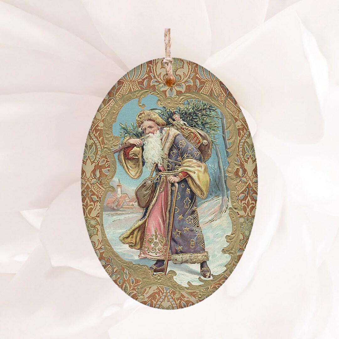 Victorian Purple Robe Santa With A Christmas Tree Hanging Wood Ornament ...