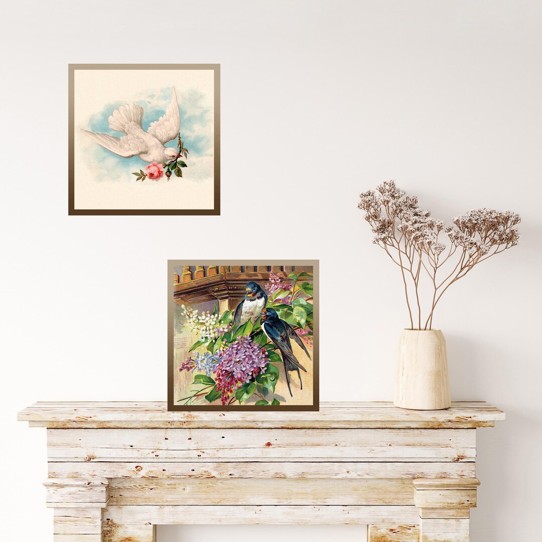 Dove With A Rose or Swallows With Lilac Antique Image 8x8 Canvas Art ...