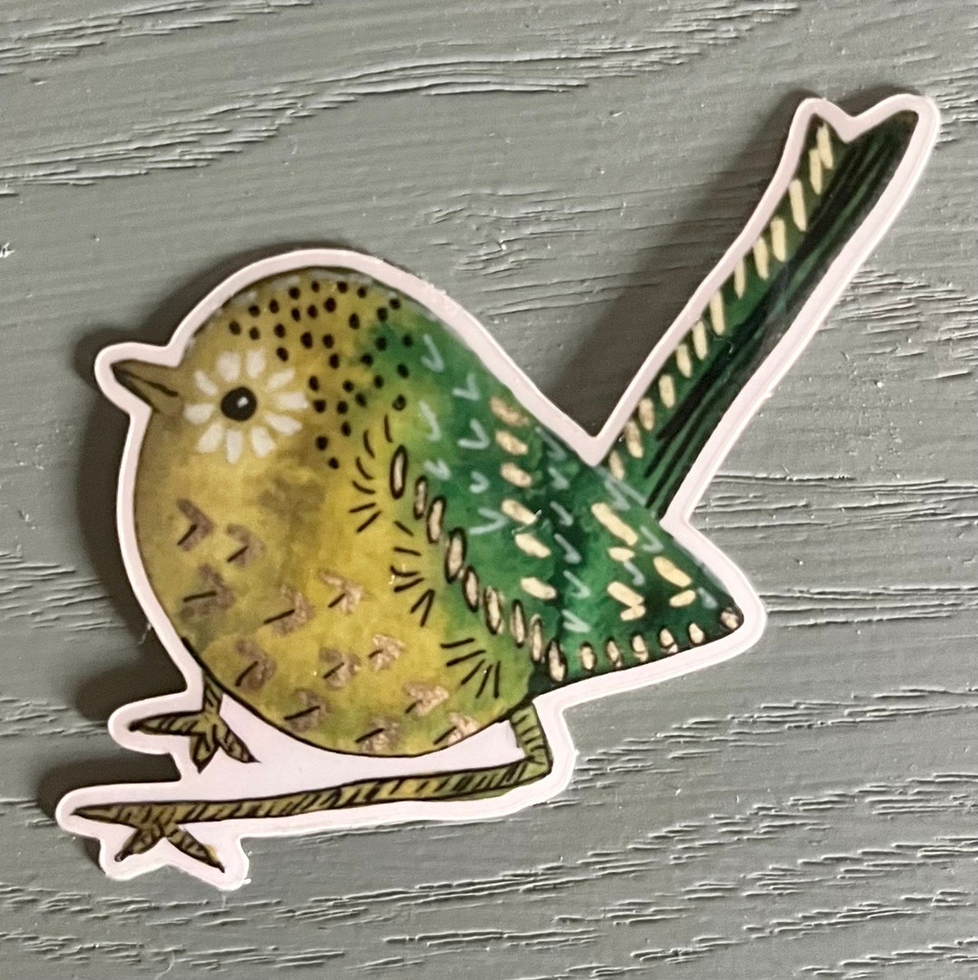 Green and Yellow Whimsical Bird Sticker - Etsy