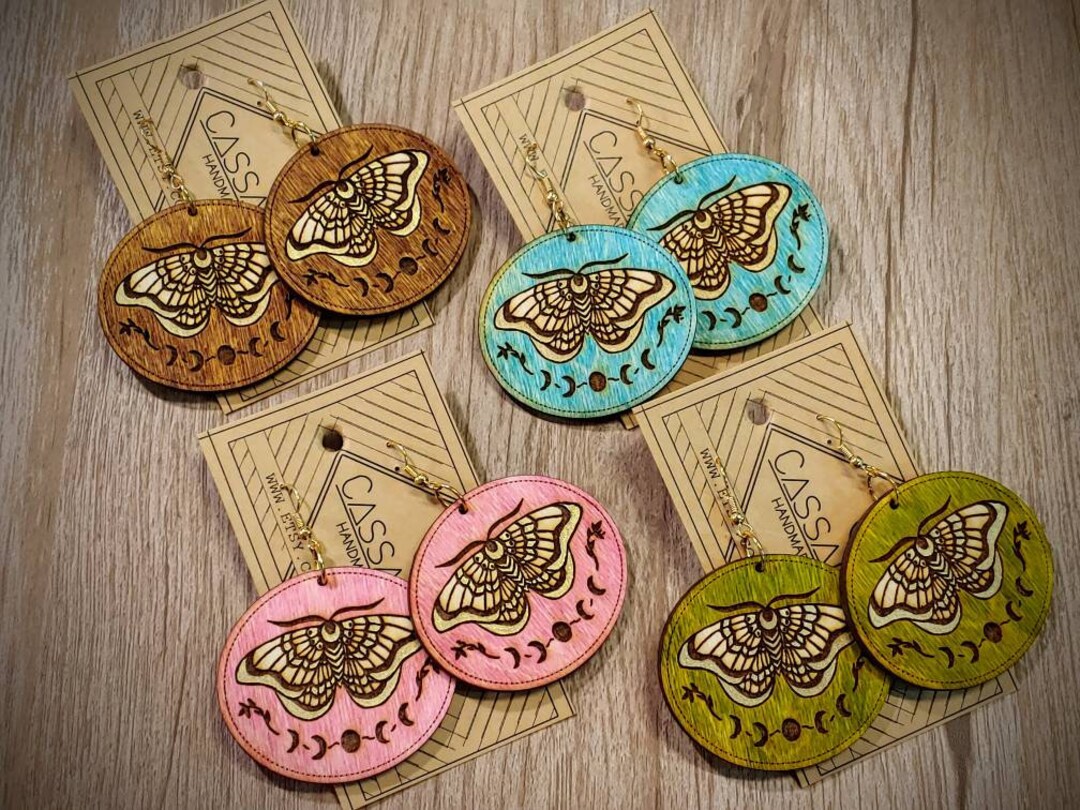 Moth, Moon Phases, Laser Engraved, Laser Cut Wood Earrings, Cut Out ...