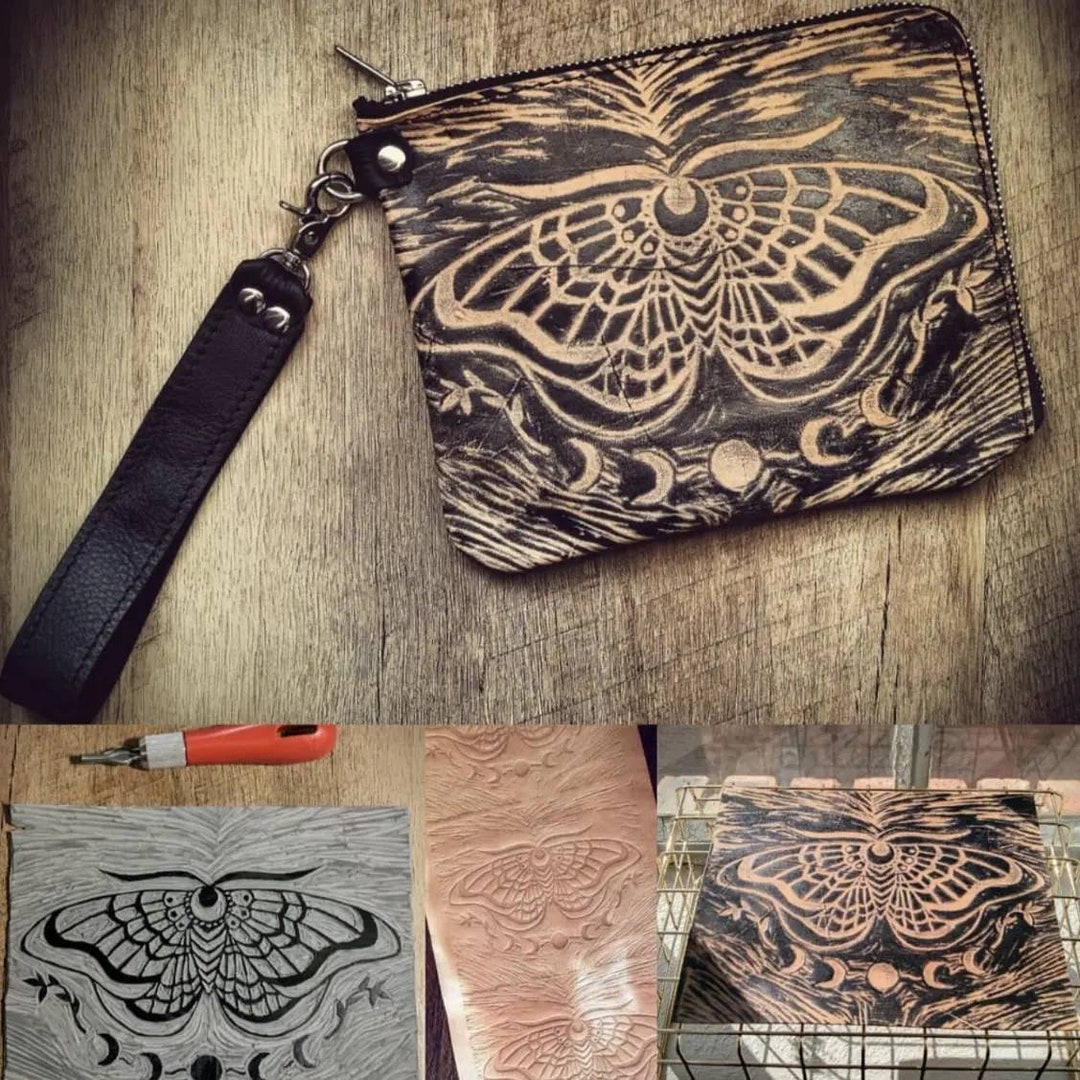 Embossed Leather Moth Clutch, Moon Phase Moth, Makeup Bag, Pencil Bag ...