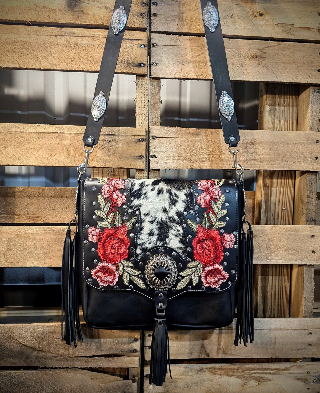 OOAK Roses and Conchos, Fancy Flap, Cowhide Leather, Medium Sized ...