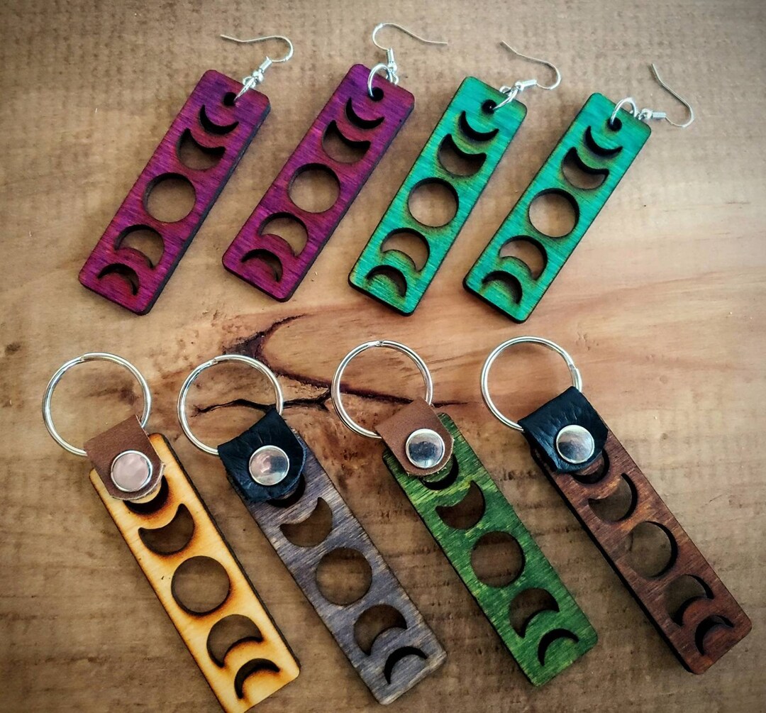 Moon Phases, Laser Cut Wood Earrings, Wood Keychain, 24 Color Options ...