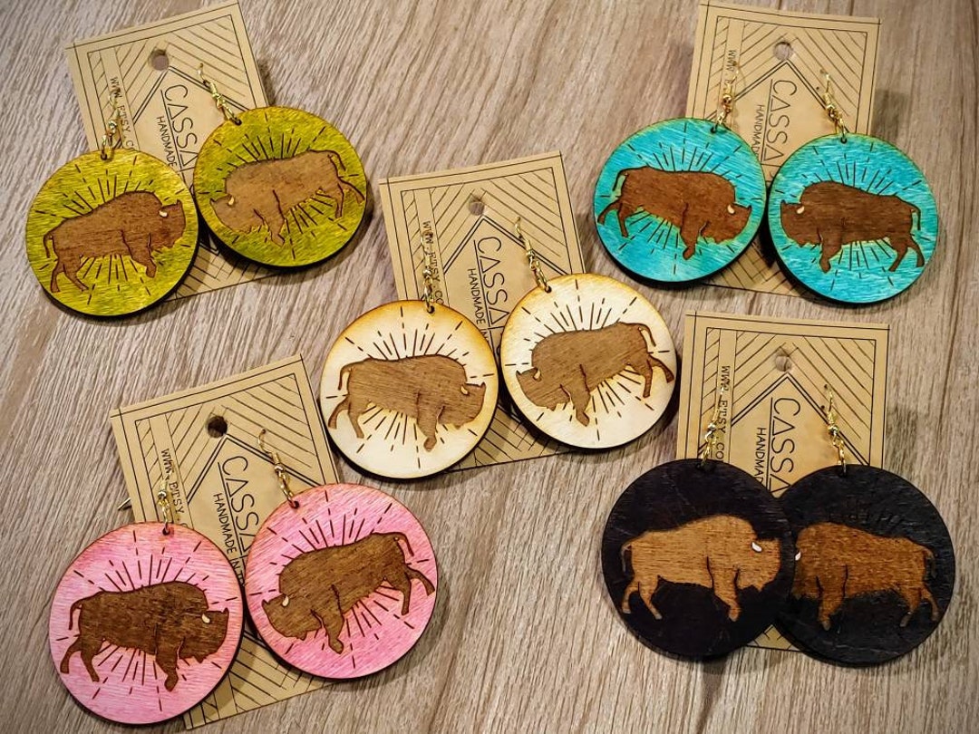 Buffalo Coin, Sunset, Laser Engraved, Laser Cut Wood Earrings, Cut Out ...