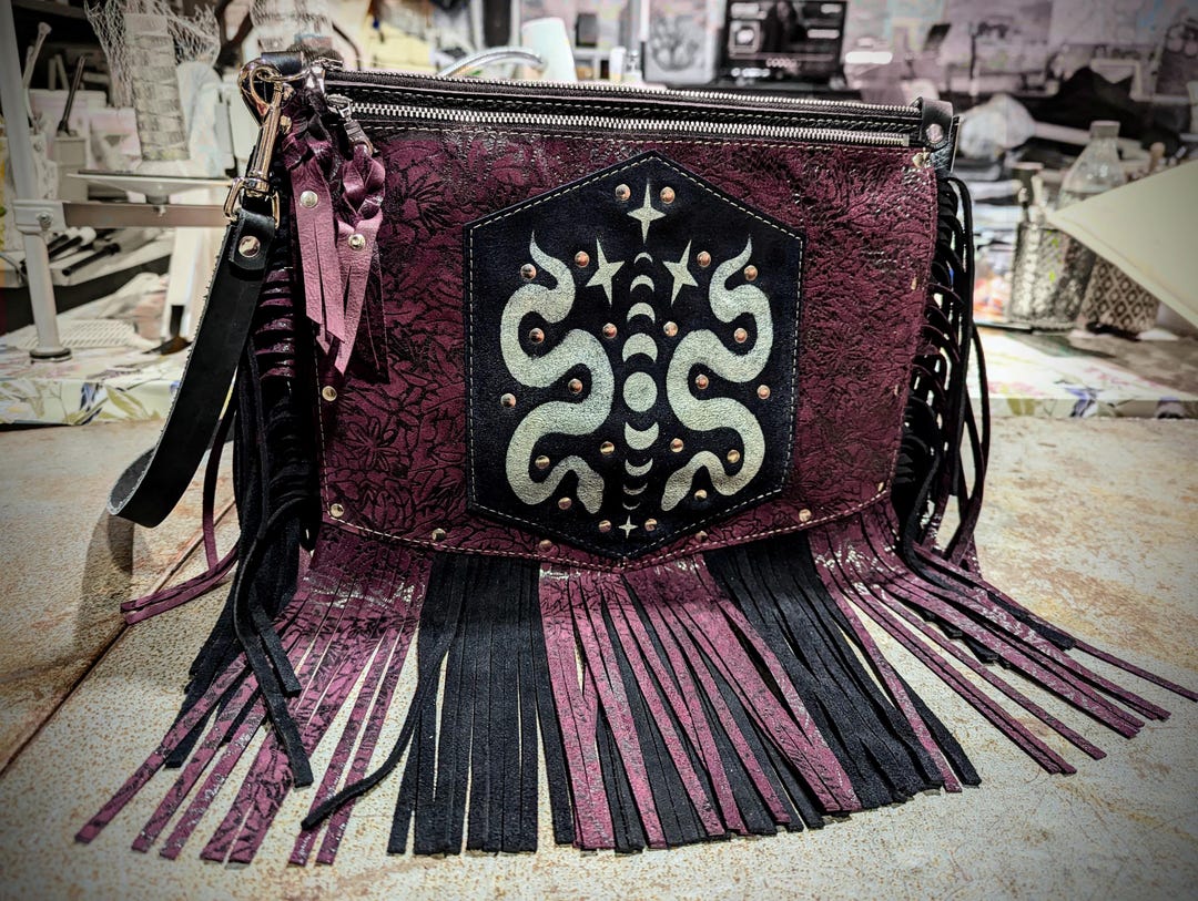 Leather Crossbody, Fringe Bag, Snakes, Moon Phases, Handmade, Goathide ...