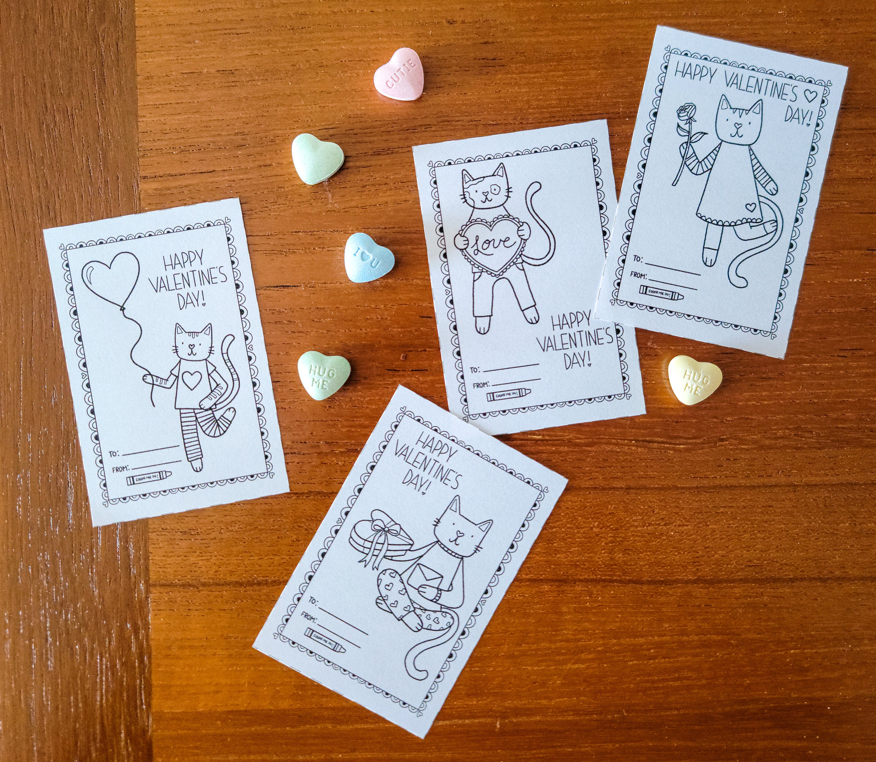 Set of 4 Color-in Cat Valentine's Day Cards Print Yourself, Kids ...