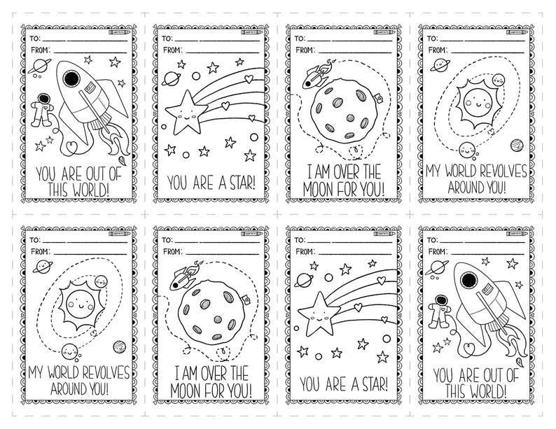 Set of 4 Color-in Space Valentine's Day Cards - Print Yourself, Kids ...