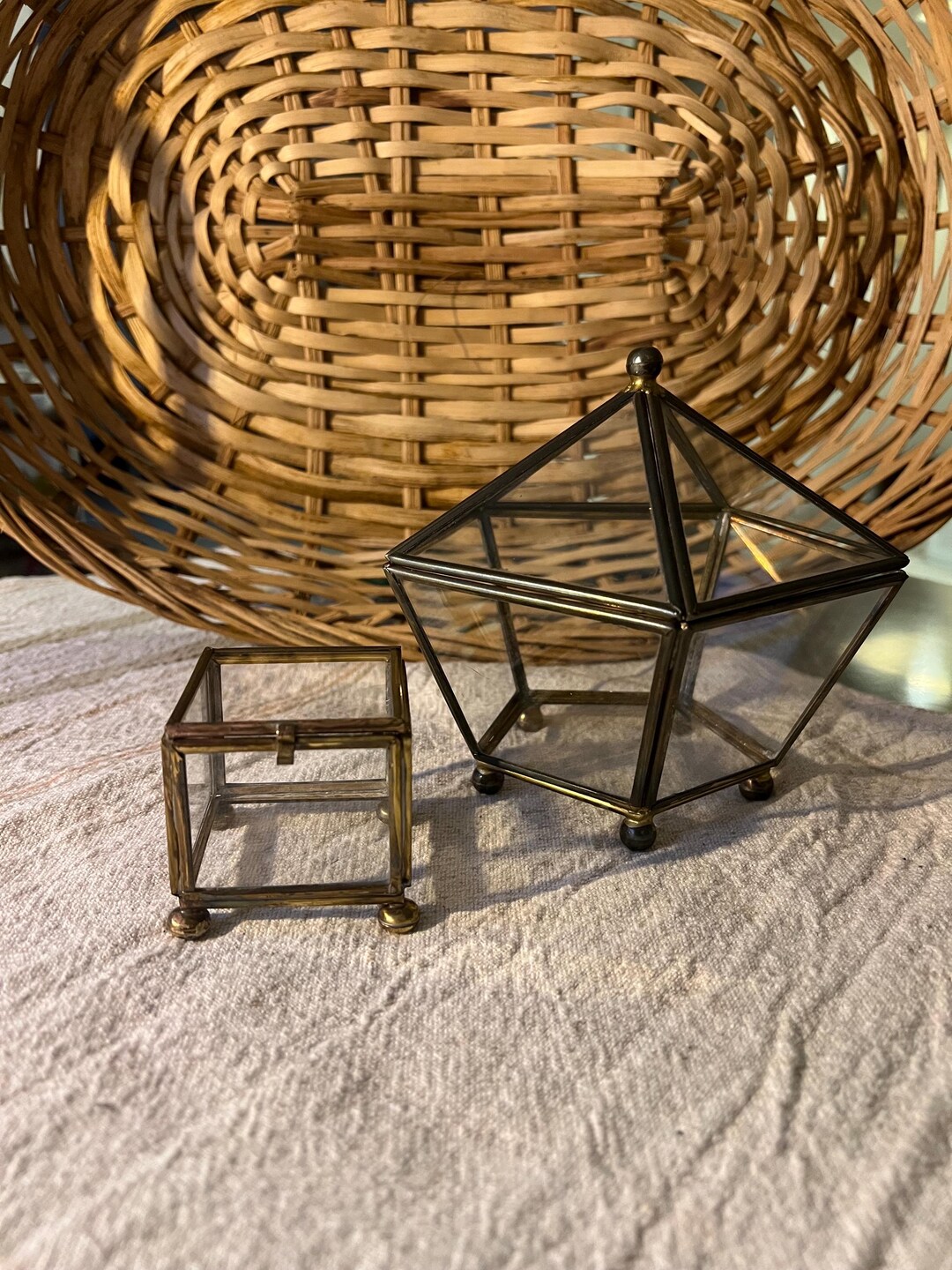 Vintage Brass, Glass Pentagonal & Small Square Terrarium Display Case ...