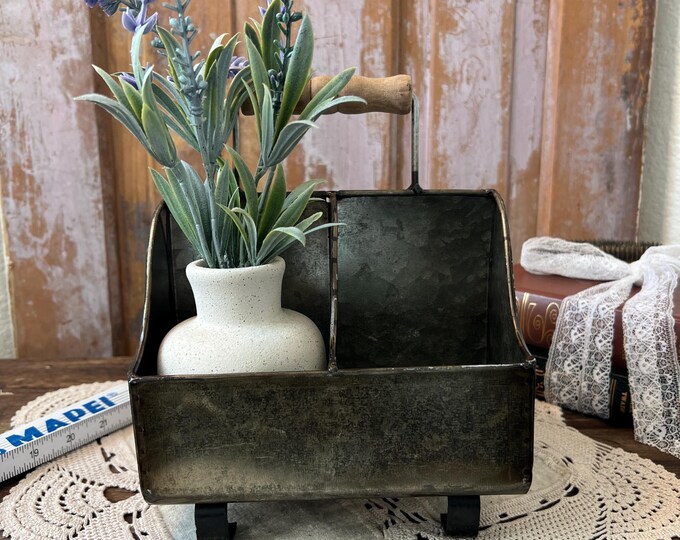 A Galvanized Metal Trough Caddy With a Wooden Handle. - Etsy
