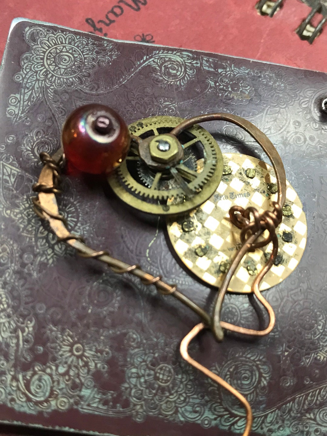 Steampunk Pin Assemblage Gold and Burgundy Handmade Hearts and Gears - Etsy